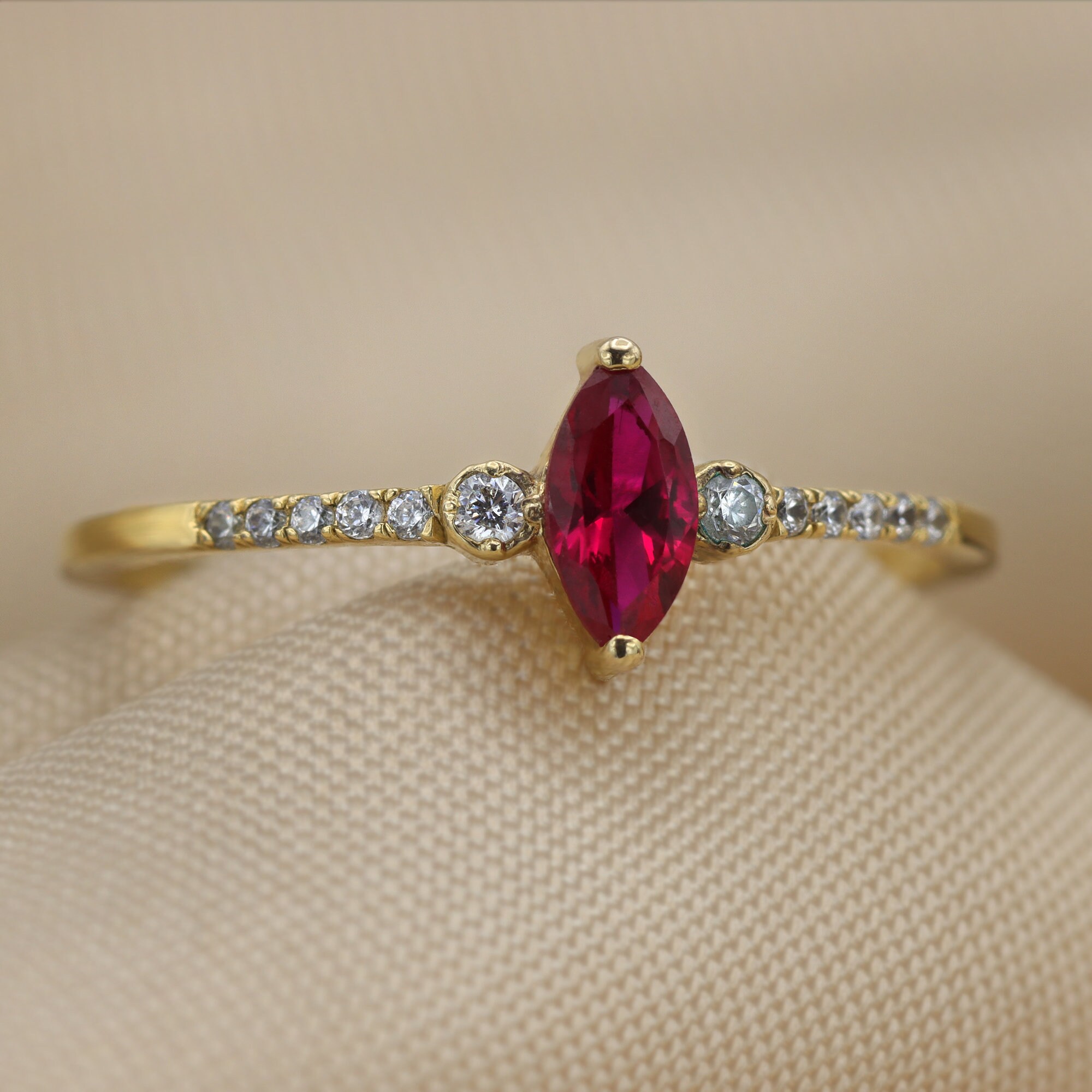 Dainty gold vintage inspired Ruby and diamond CZ ring | Etsy