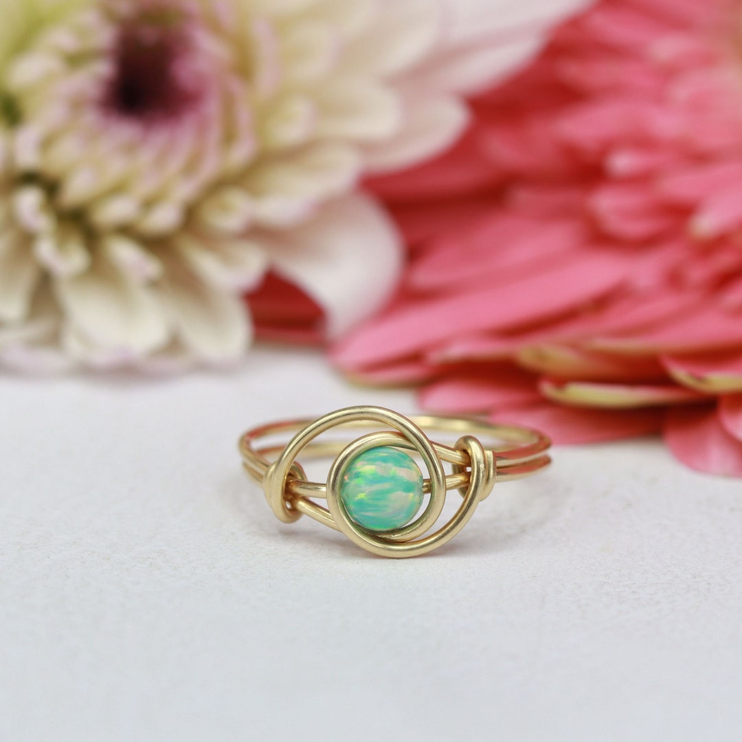 Mild Green Opal Weaved Wire Ring, Green and Gold Ring, Handmade Ring ...