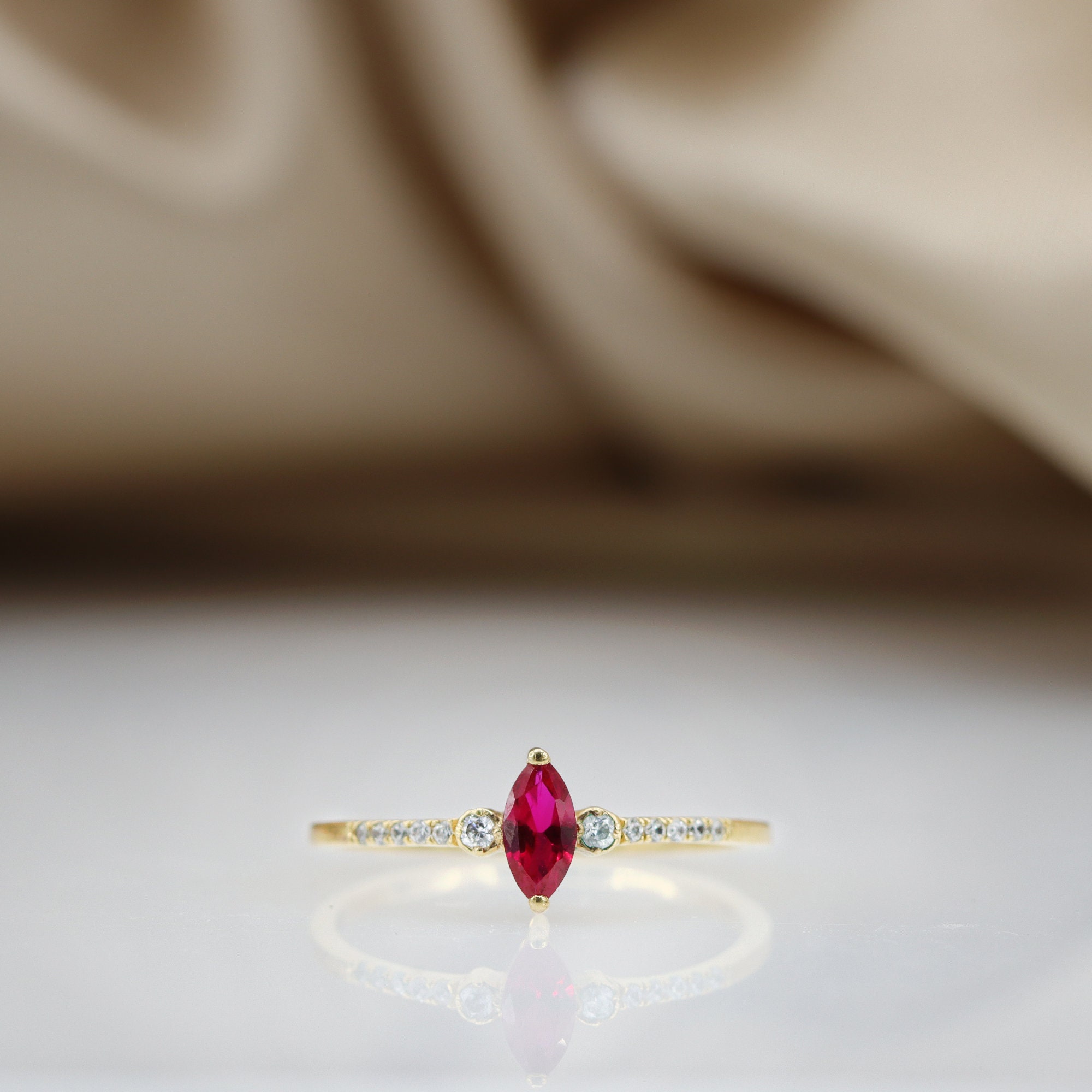 Dainty gold vintage inspired Ruby and diamond CZ ring | Etsy