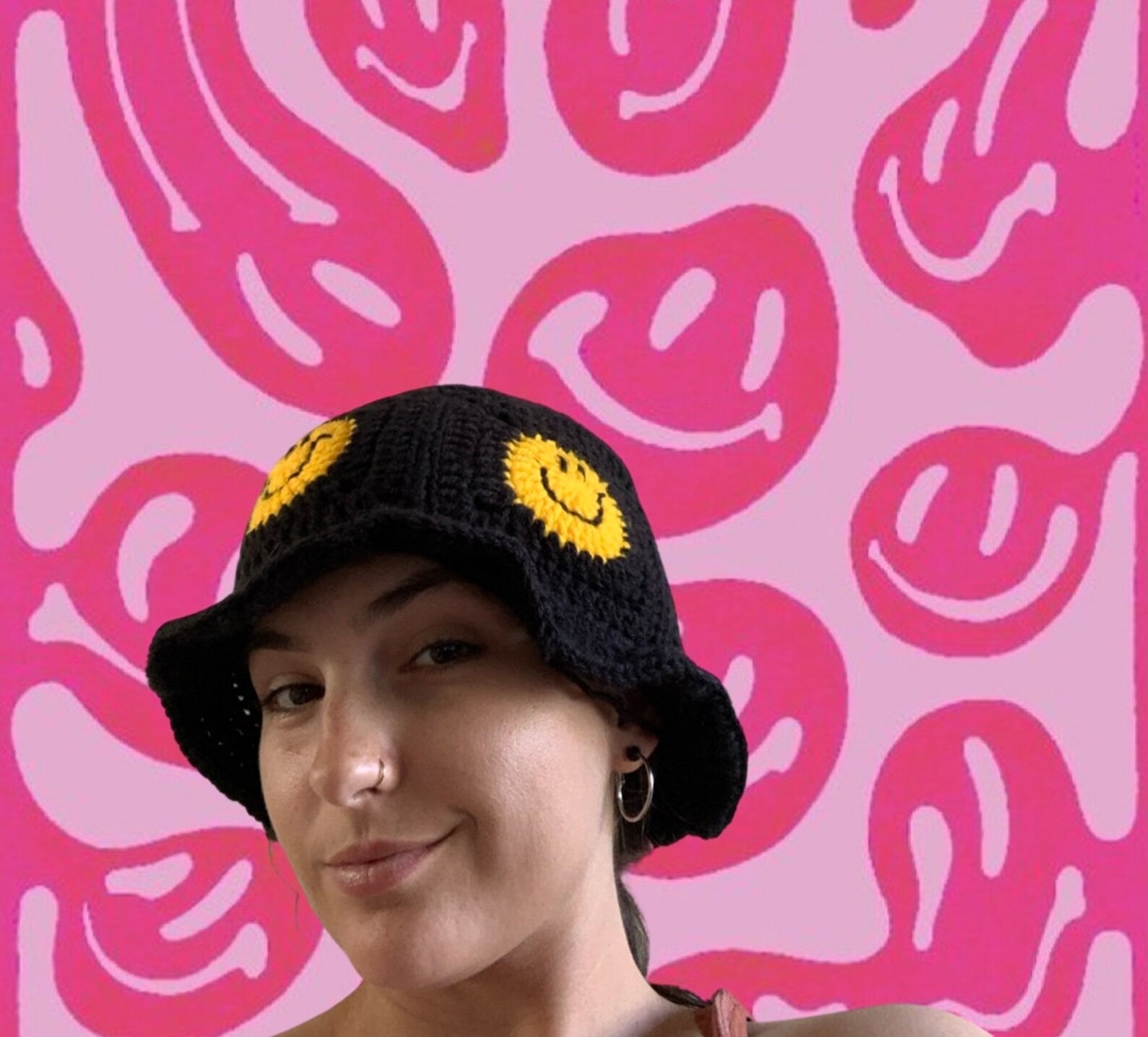 Beige Smiley Face Crochet Granny Square Bucket Hat ~HANDMADE~ Trendy ...