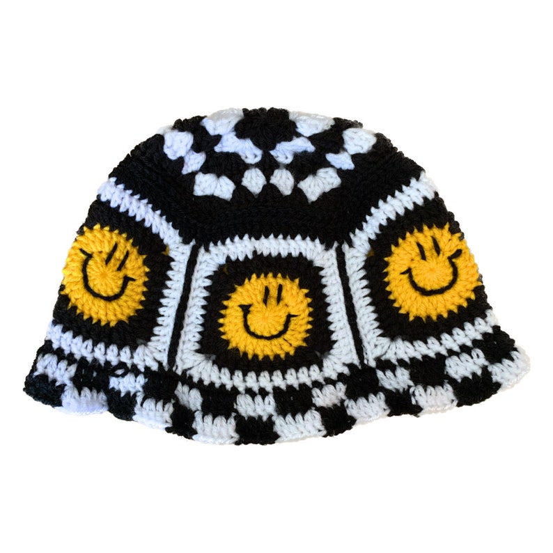 Black & White Smiley Face Crochet Granny Square Bucket Hat ~HANDMADE ...