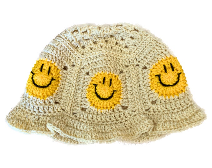 Beige Smiley Face Crochet Granny Square Bucket Hat ~HANDMADE~ Trendy ...