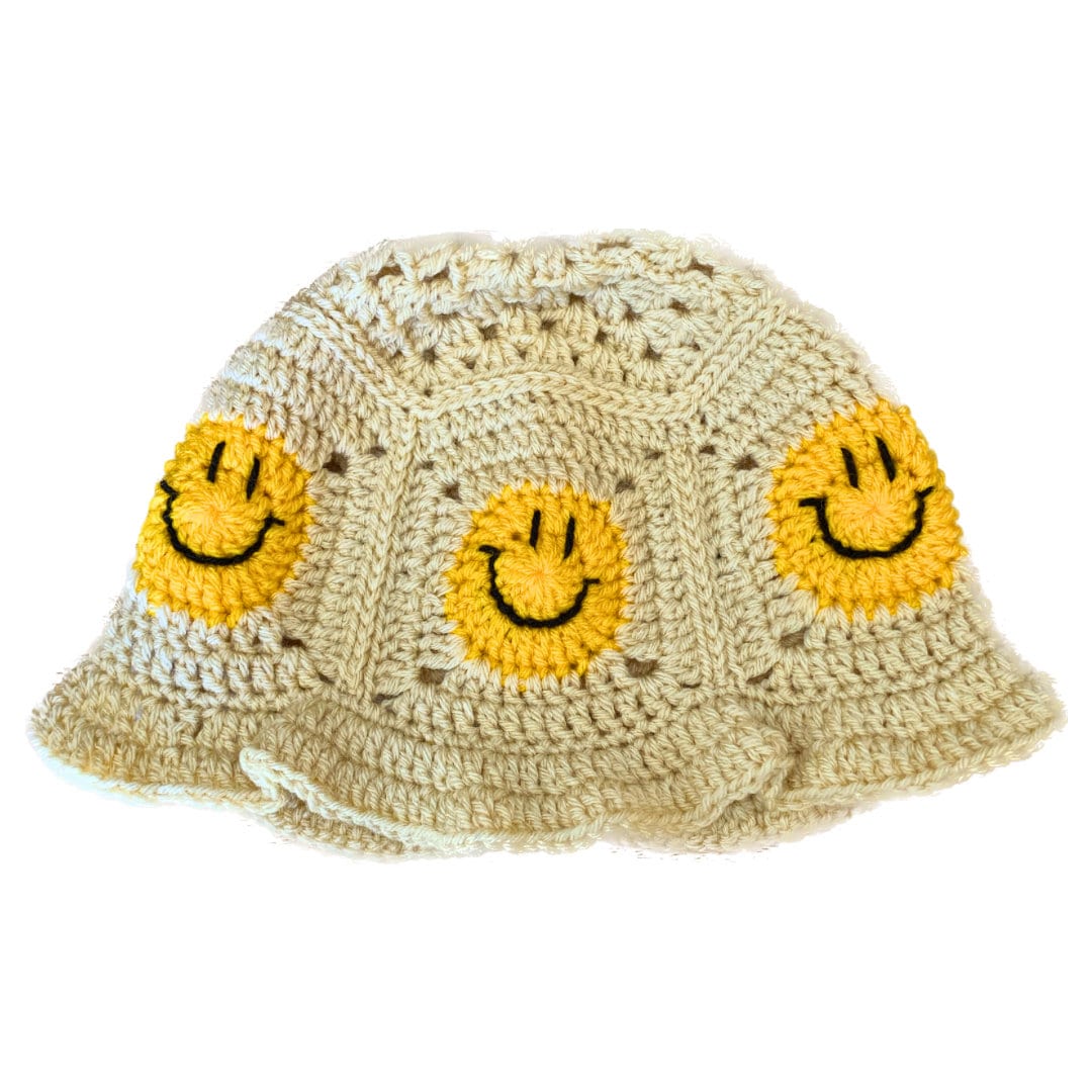 Beige Smiley Face Crochet Granny Square Bucket Hat ~HANDMADE~ Trendy ...