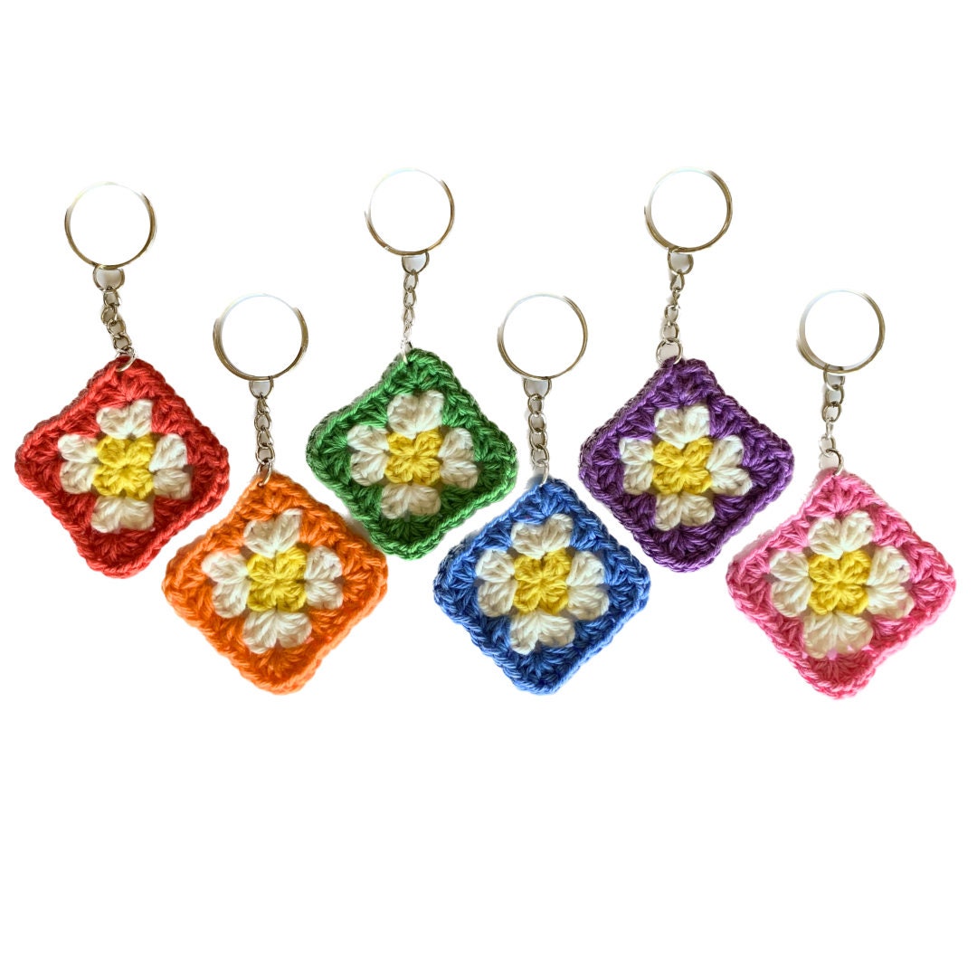 Granny Square Crochet Keychain / Purse Charm purple, White, Yellow 100% ...