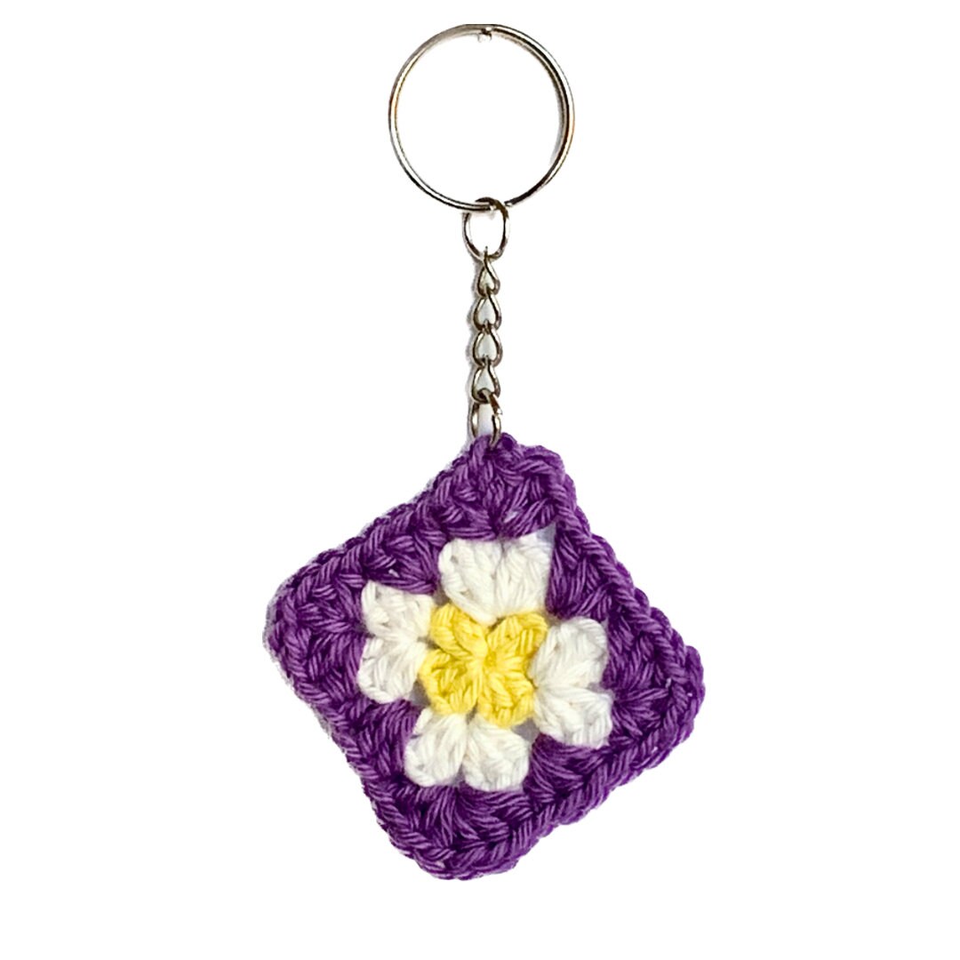 Granny Square Crochet Keychain / Purse Charm purple, White, Yellow 100% ...