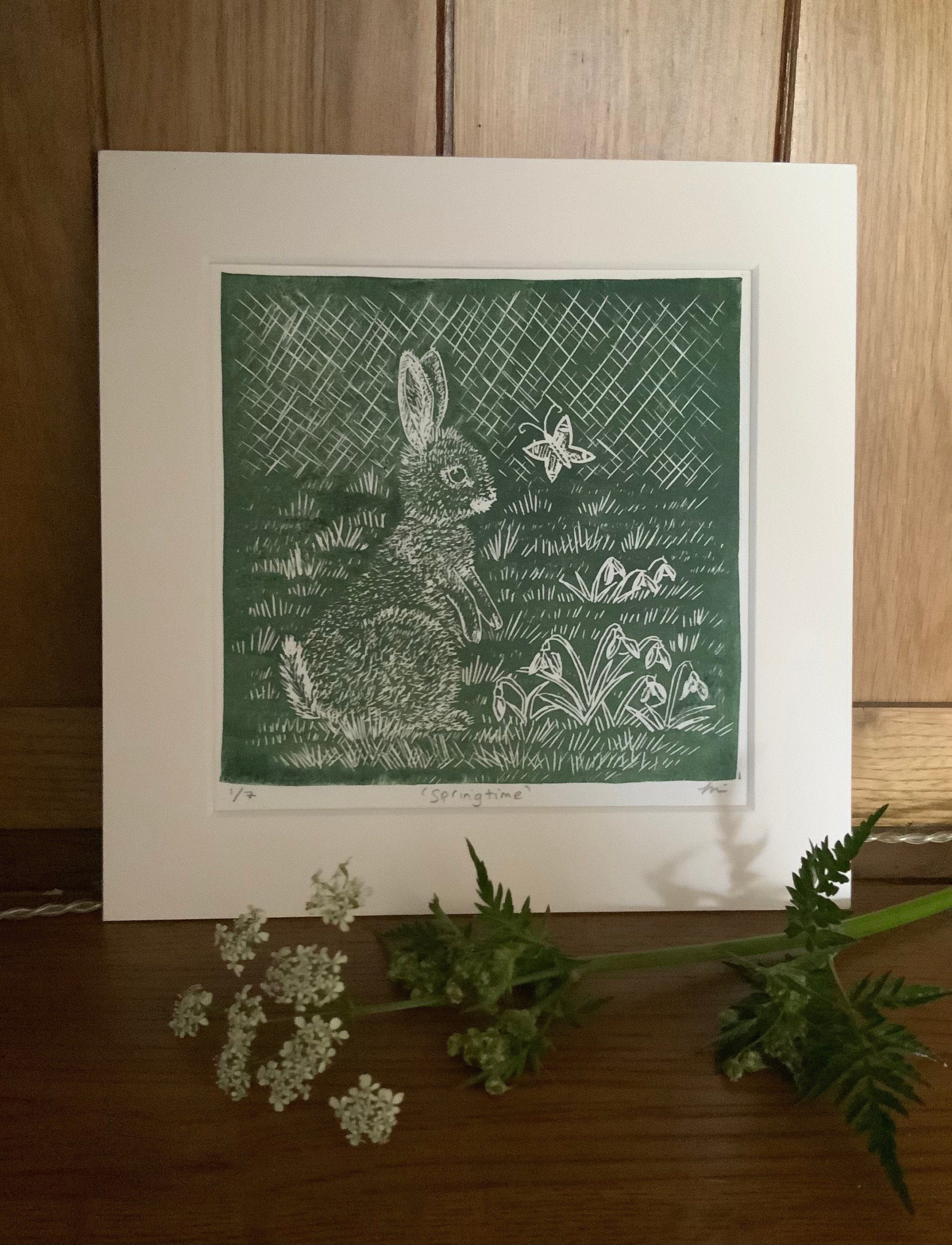 Lino print of a Rabbit in spring an original Lino cut print | Etsy
