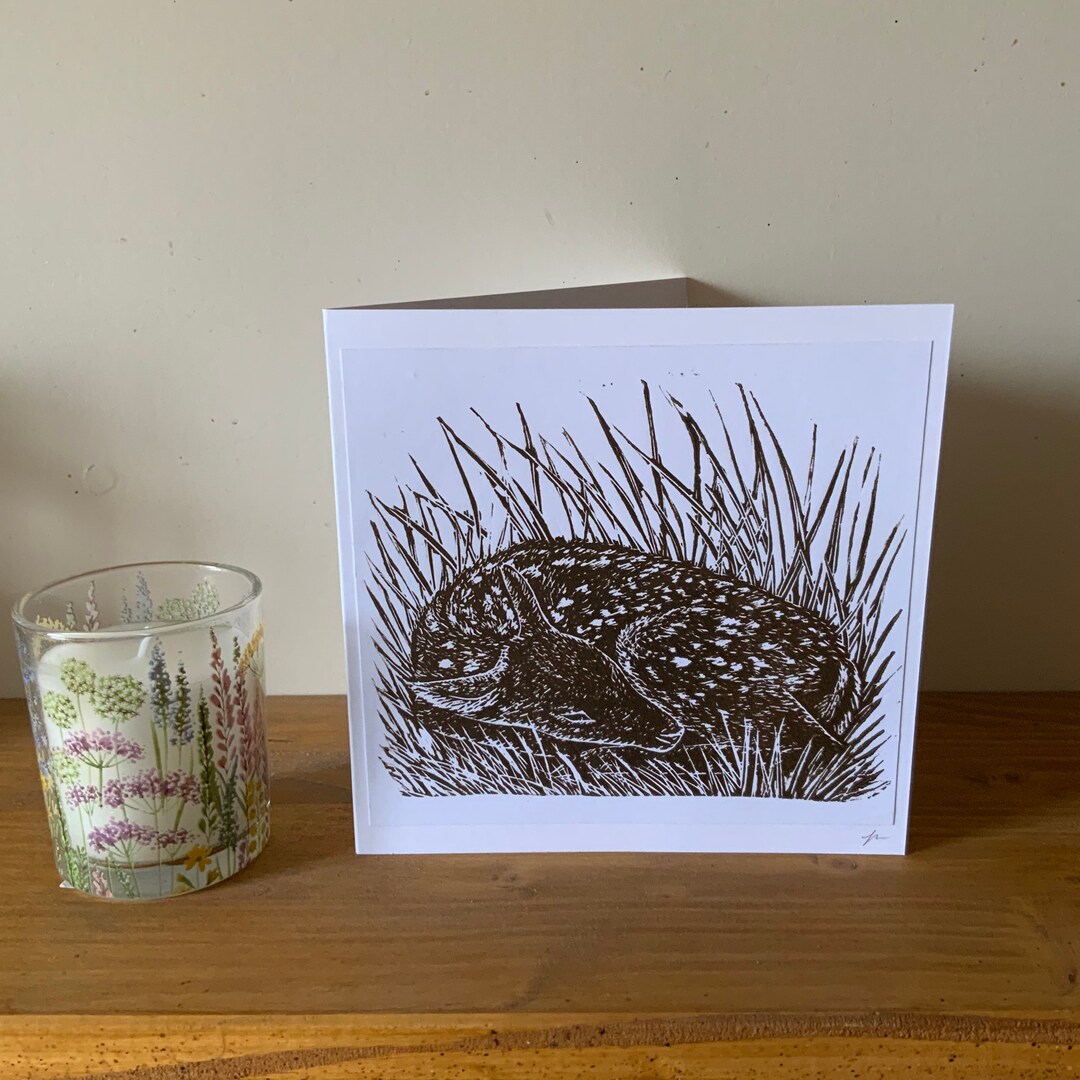Lino print Deer card, original lino cut greeting card of a Deer fawn ...