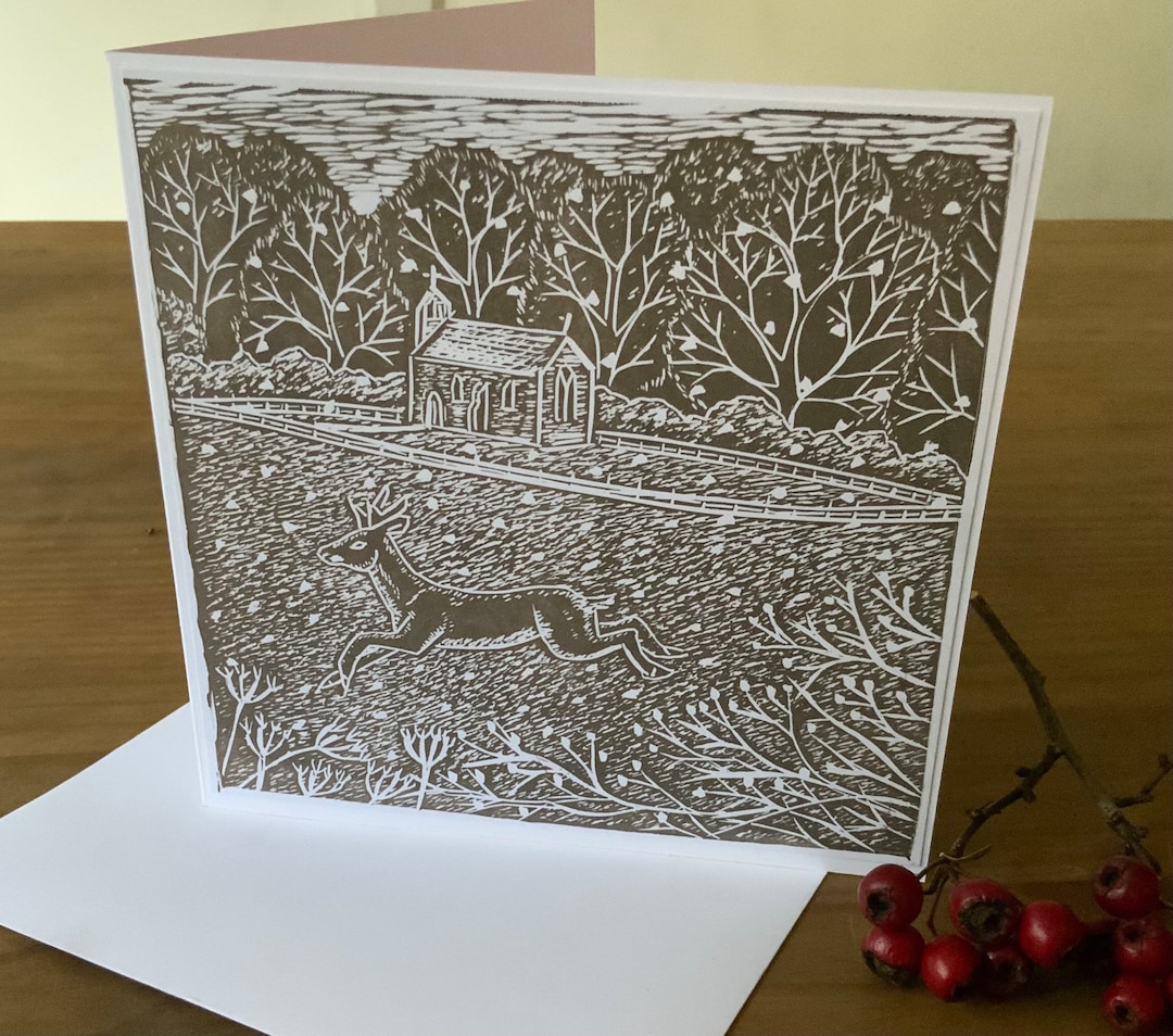Lino Print Christmas Card, Leaping Deer Linocut Card, Handprinted ...