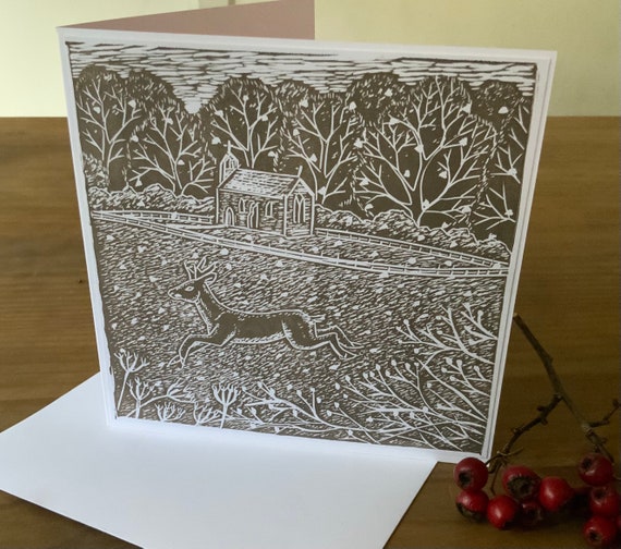 Lino Print Christmas Card Leaping Deer Linocut Card - Etsy