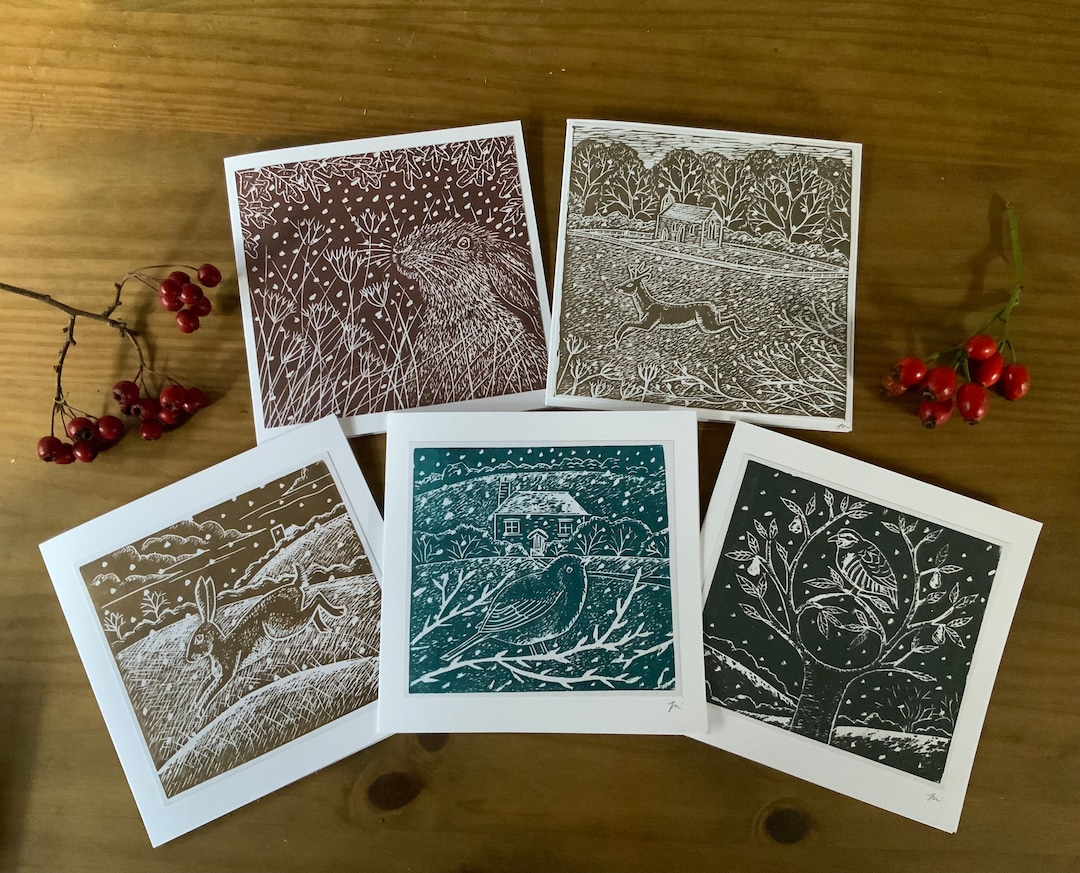 Pack of 5 Lino Print Christmas Cards With Wildlife Themes, Original ...