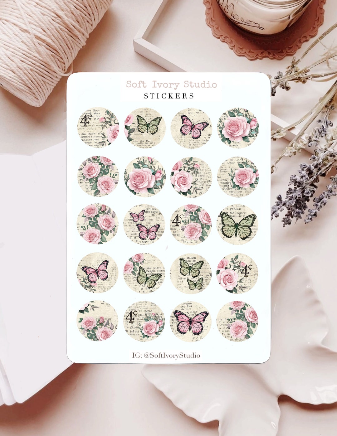 Vintage Rose Circle Sticker Sheet Planner Stickers Journaling Stickers ...