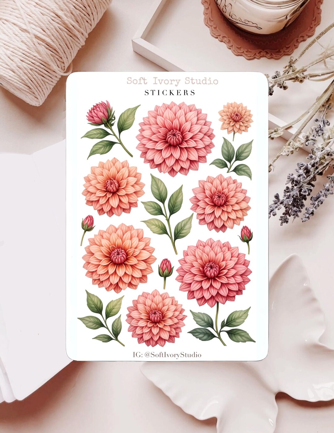 Pale Pink Dahlias Sticker Sheet | Journal Stickers | Planner Stickers ...