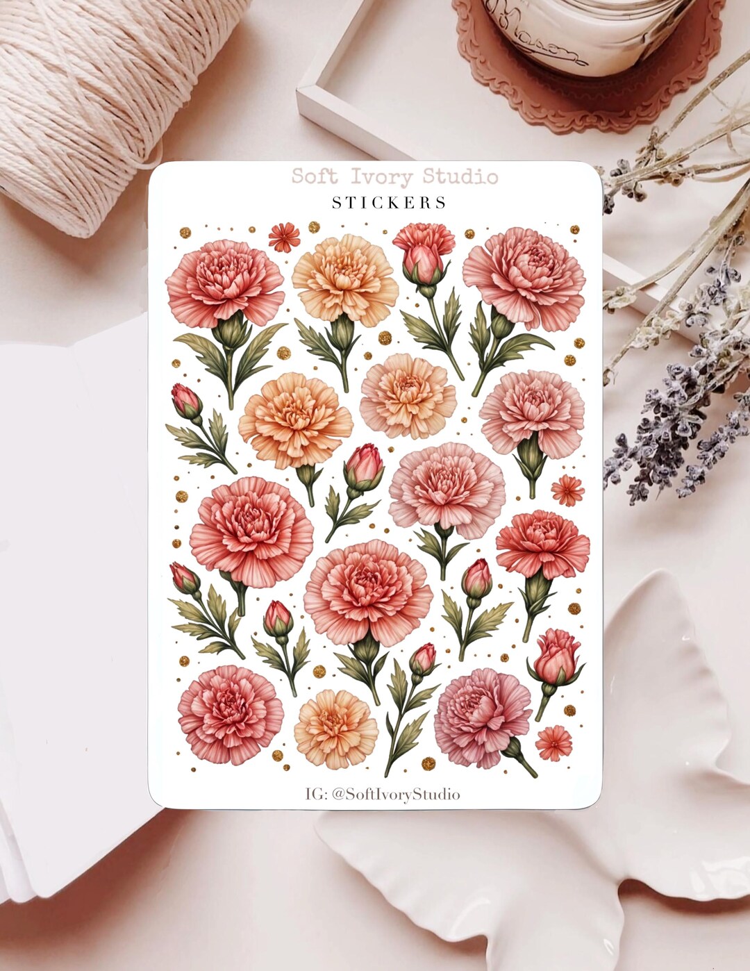 Carnation Blossoms Sticker Sheet | Journal Stickers | Planner Stickers ...