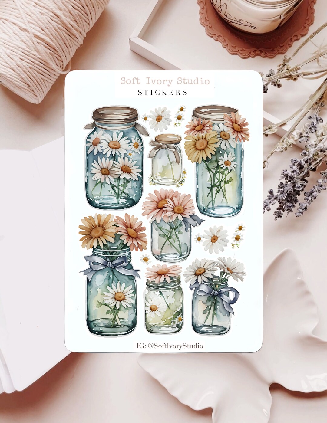 Vintage Daisy Jars Sticker Sheet | Planner Stickers | Journaling ...