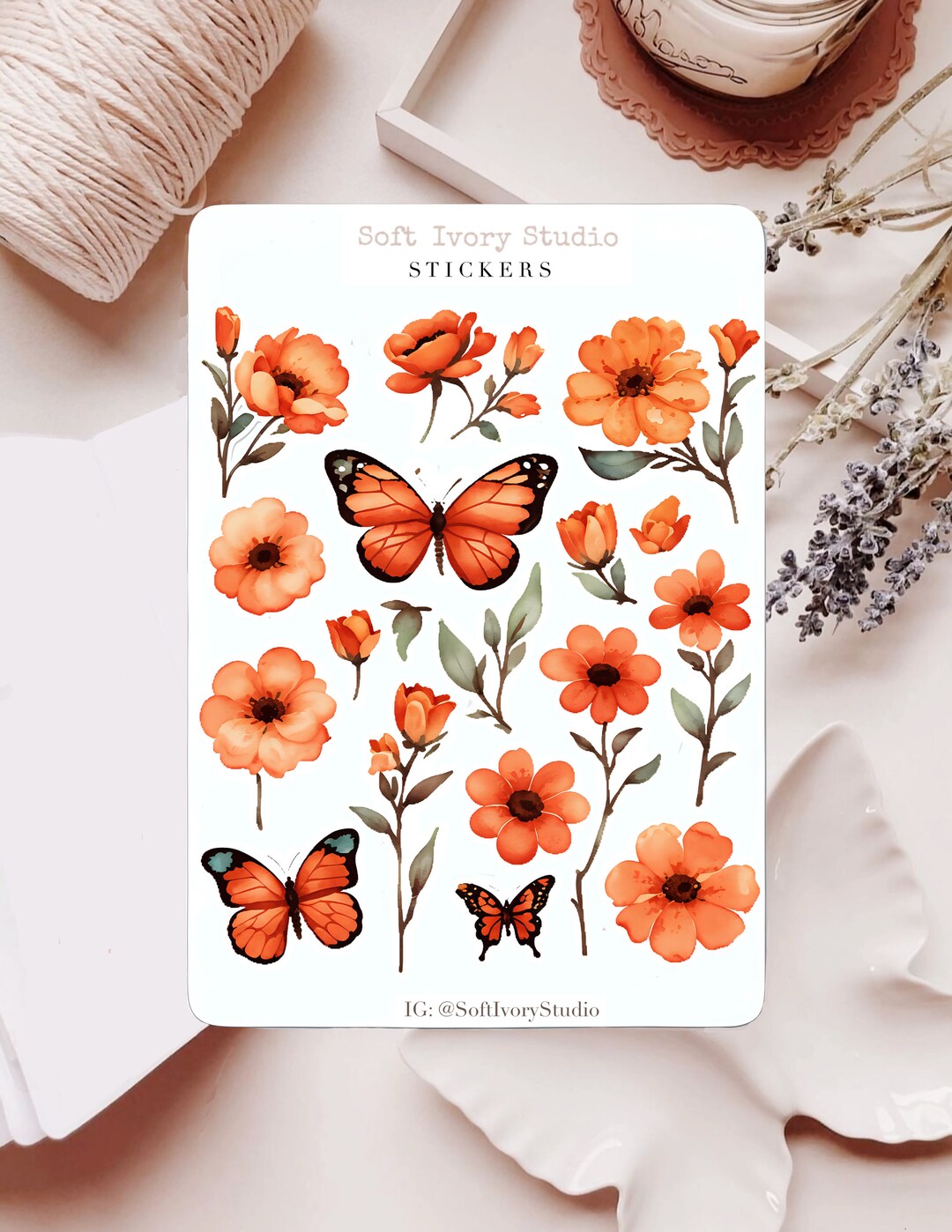 Burnt Orange Flowers & Butterflies Sticker Sheet Planner Stickers ...