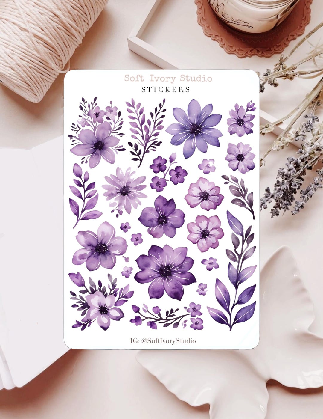 Purple Watercolor Flowers Sticker Sheet | Journal Stickers | Planner ...