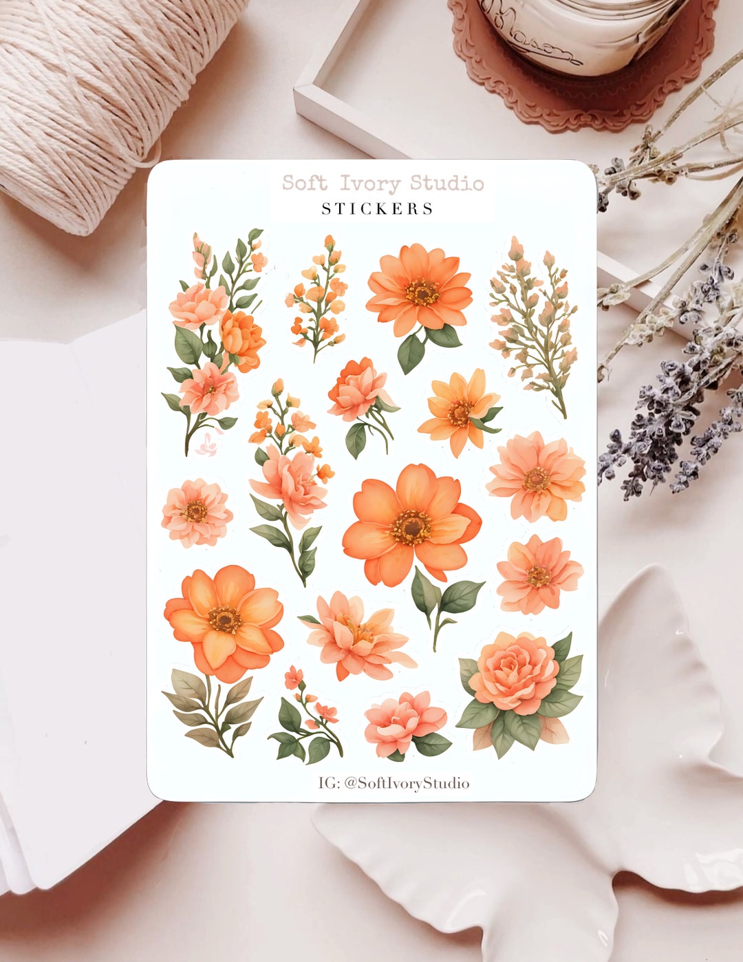 Pastel Orange Flowers Sticker Sheet | Planner Stickers | Journaling ...