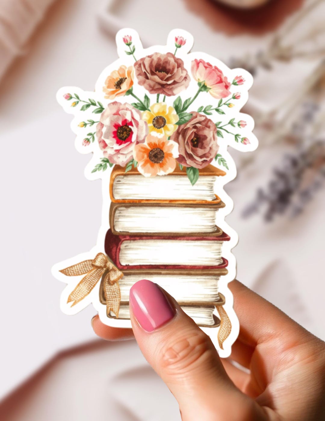 Floral Book Stack Waterproof Vinyl Sticker | Journal Cover Sticker ...
