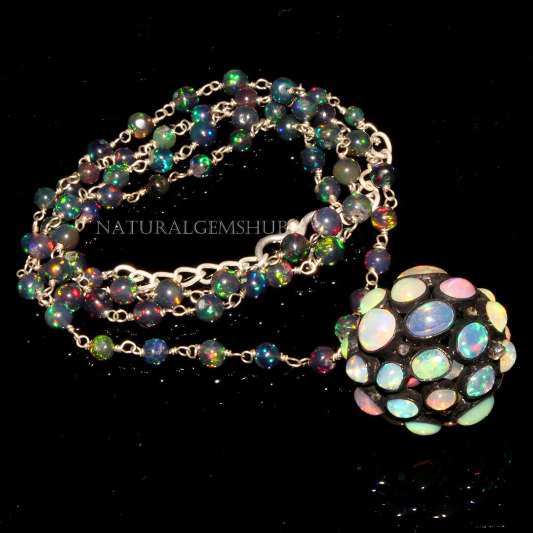 Natural Black Opal Balls Necklace - 925 Silver Opal Necklace - Black ...