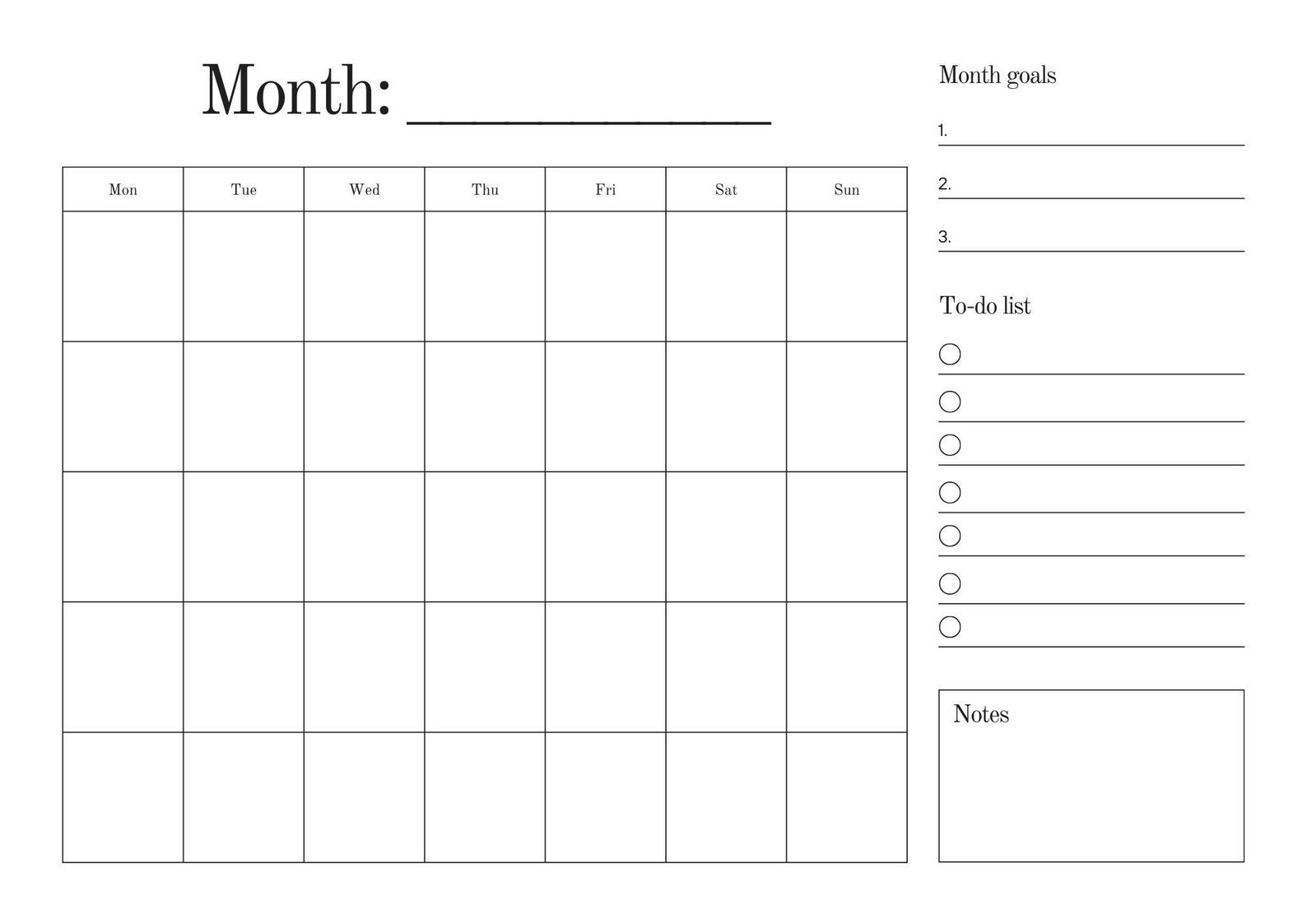 Blank Monthly Universal Calendar With Goals - Etsy