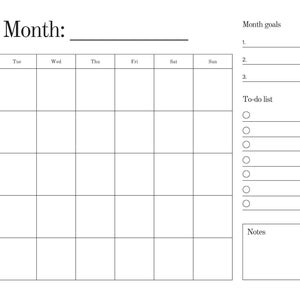 Blank Monthly Universal Calendar With Goals - Etsy
