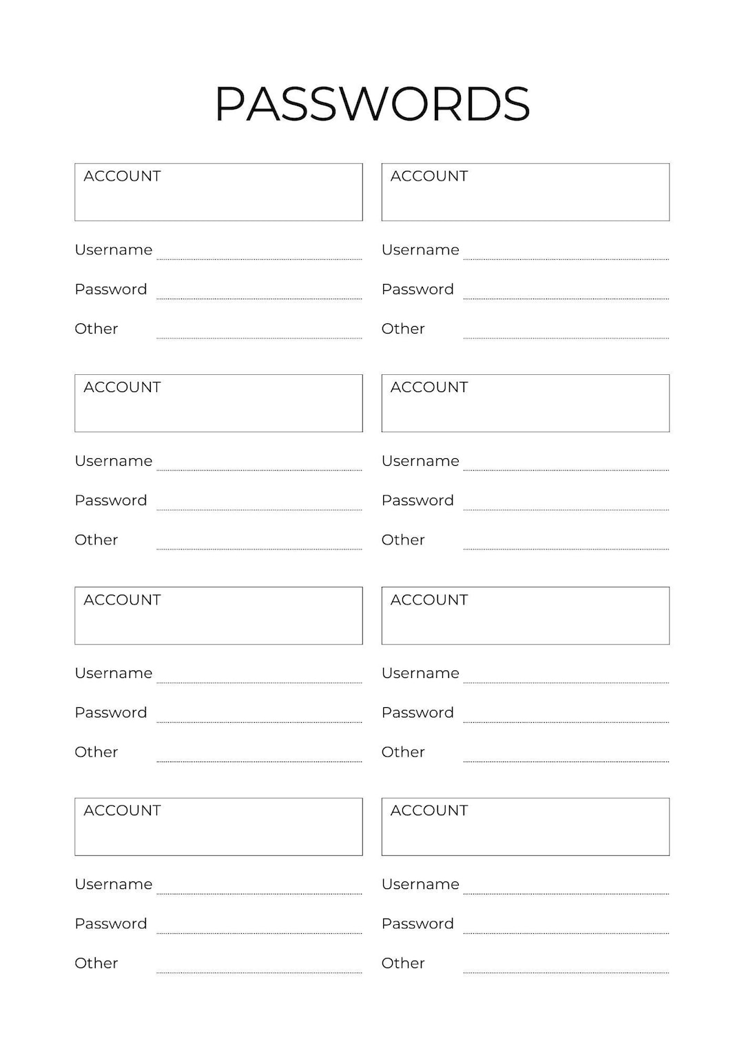 Passwords Log Planner Printable PDF Organizer - Etsy