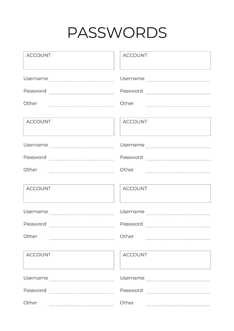 Passwords Log Planner Printable PDF Organizer - Etsy