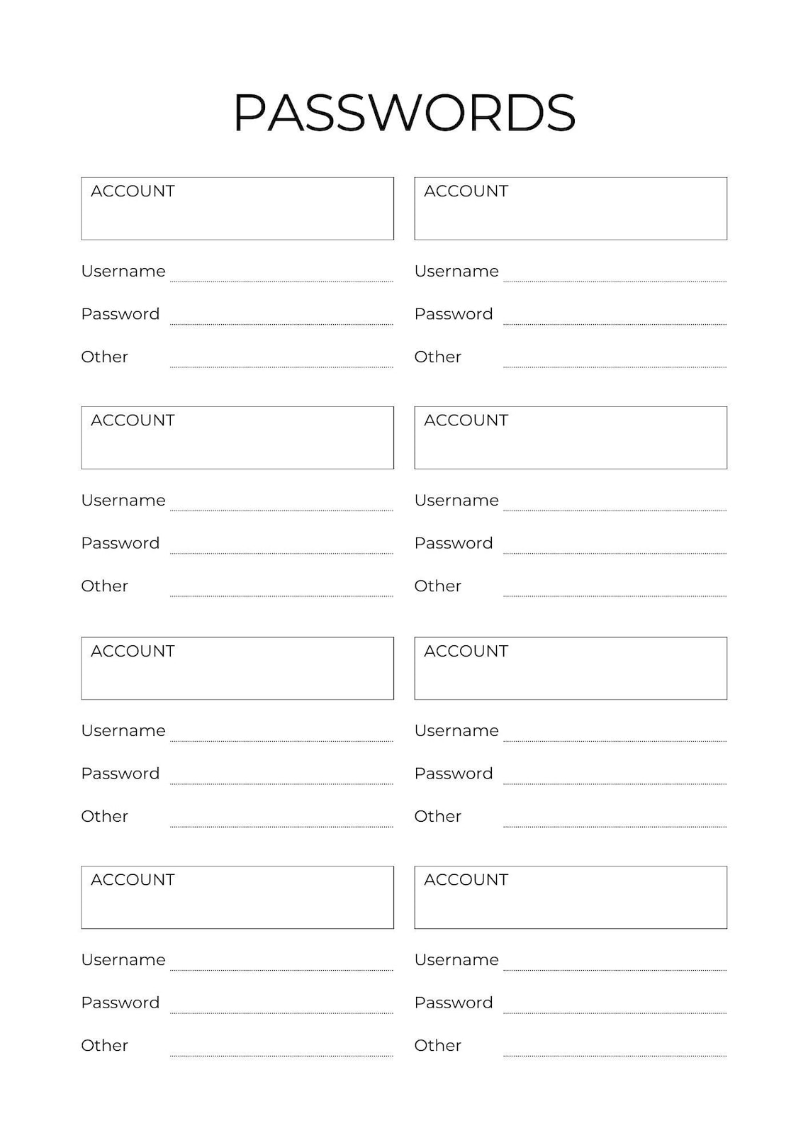 Passwords Log Planner Printable PDF Organizer - Etsy