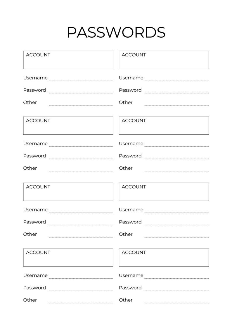 Passwords Log Planner Printable PDF Organizer - Etsy