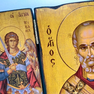 SAINT NICHOLAS With ARCHANGELS, Byzantine Greek Orthodox Handmade Wooden Triptych, Birthday ...