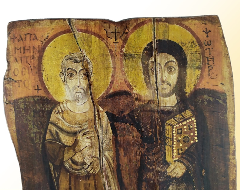 CHRIST and ABBOT MENA Icon Coptic Orthodox Handmade Wooden | Etsy