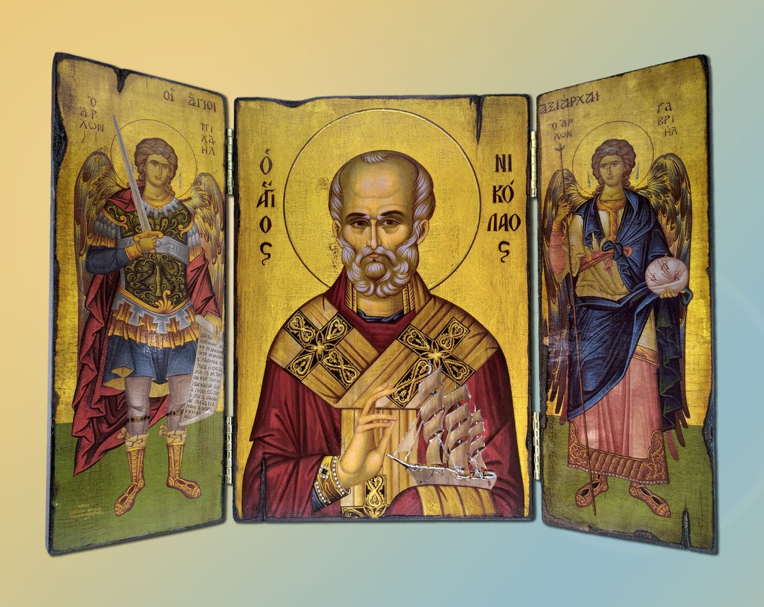 SAINT NICHOLAS With ARCHANGELS, Byzantine Greek Orthodox Handmade Wooden Triptych, Birthday ...