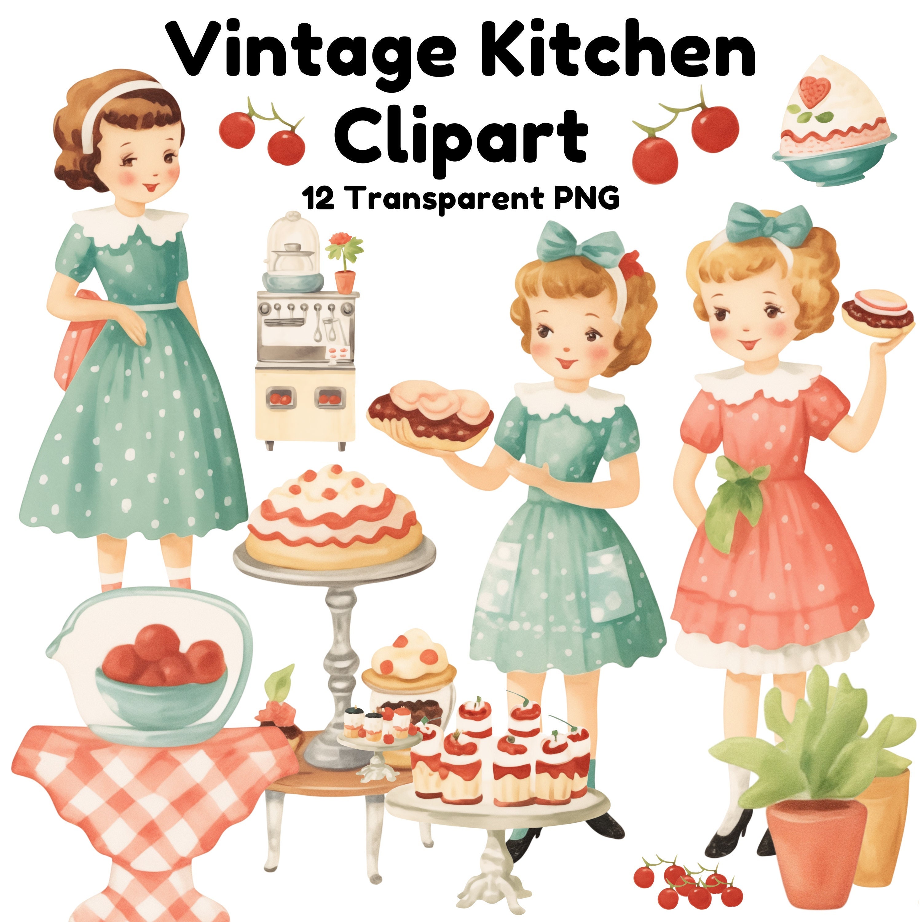 Vintage Kitchen Clipart Cute Retro Cooking Utensils Appliances, Instant ...