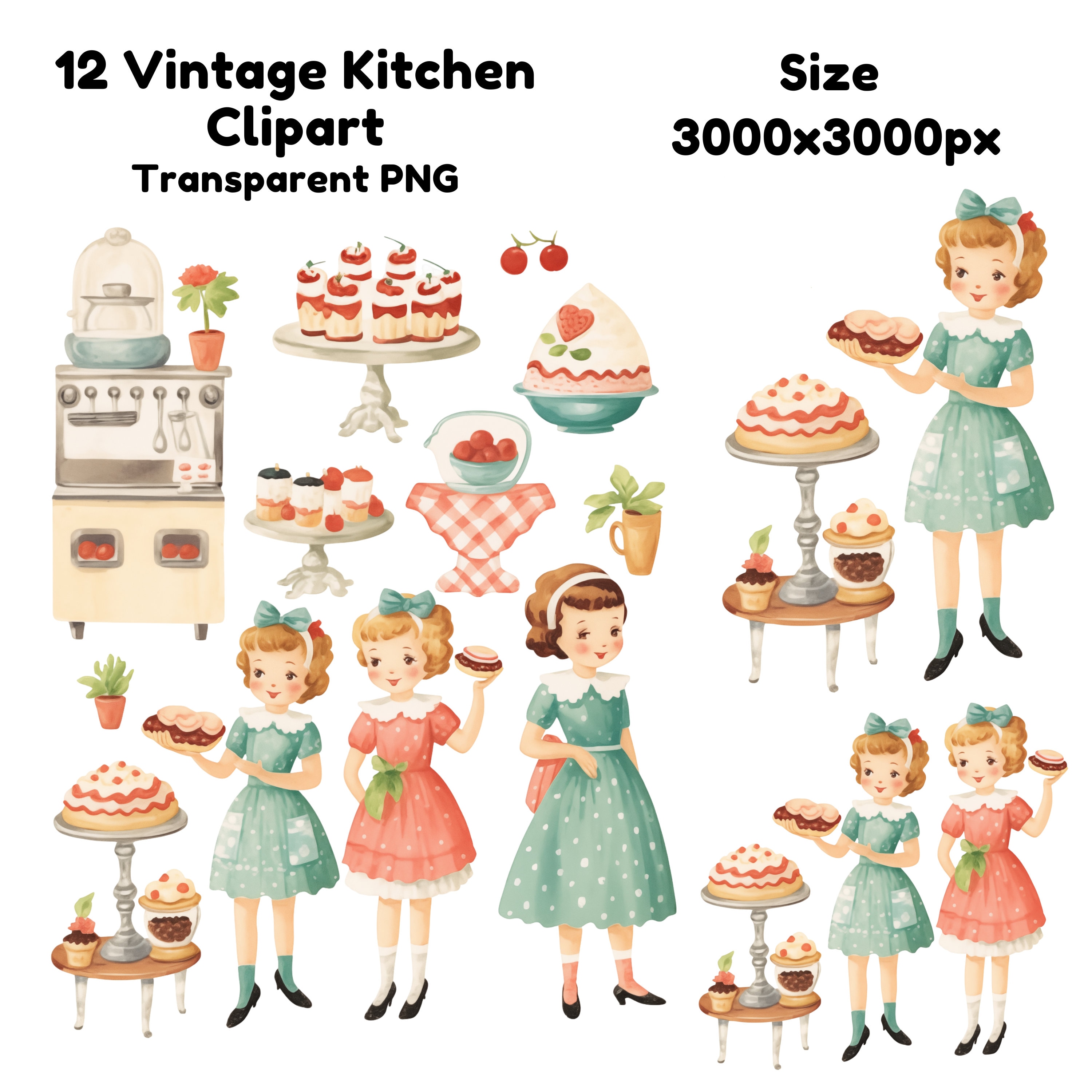 Vintage Kitchen Clipart Cute Retro Cooking Utensils Appliances, Instant ...