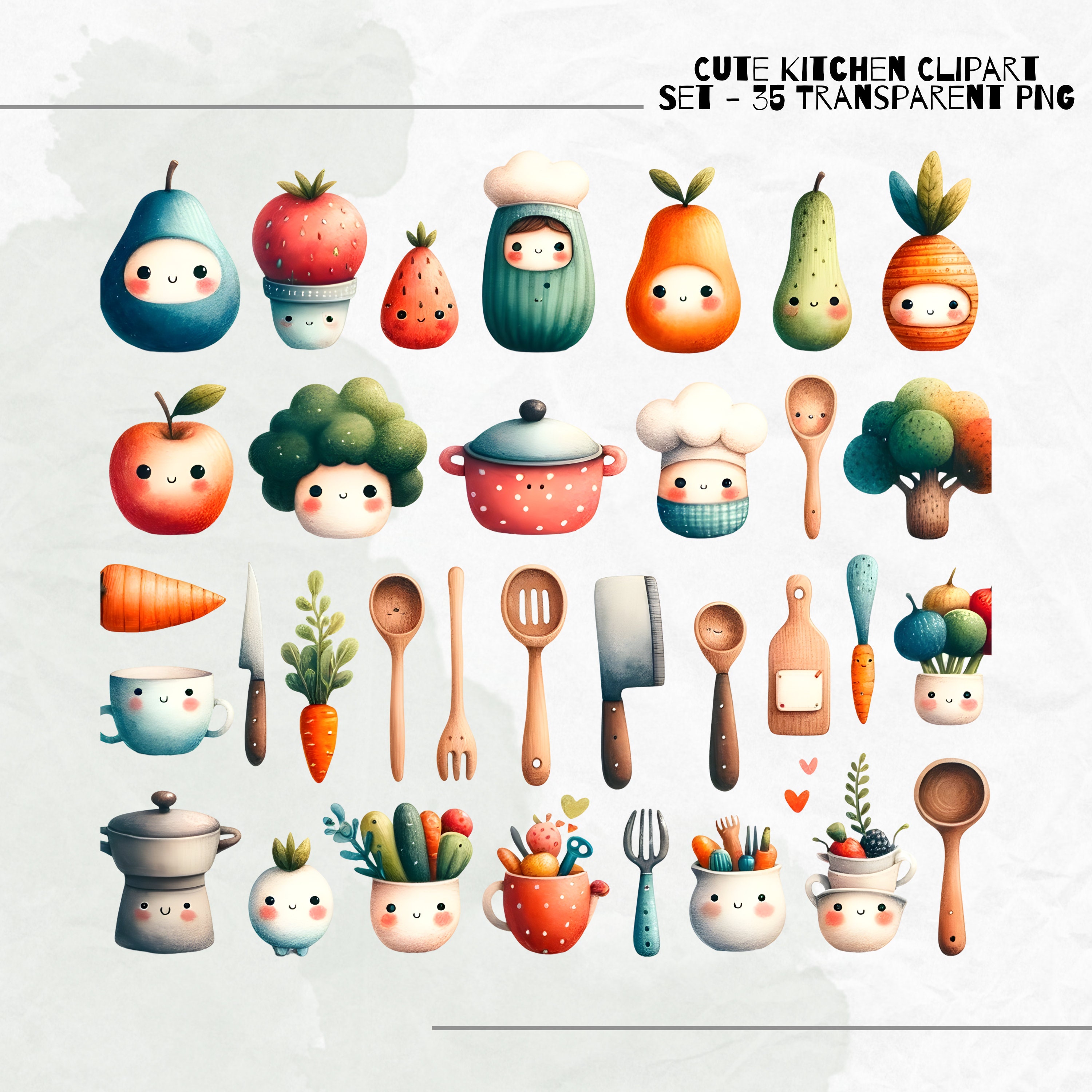 Cute Kitchen Clipart Set 35 Transparent PNG Files for Invitations ...
