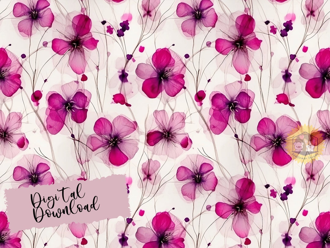 Magenta Pressed Flower Seamless Pattern: Alcohol Ink Floral Art ...