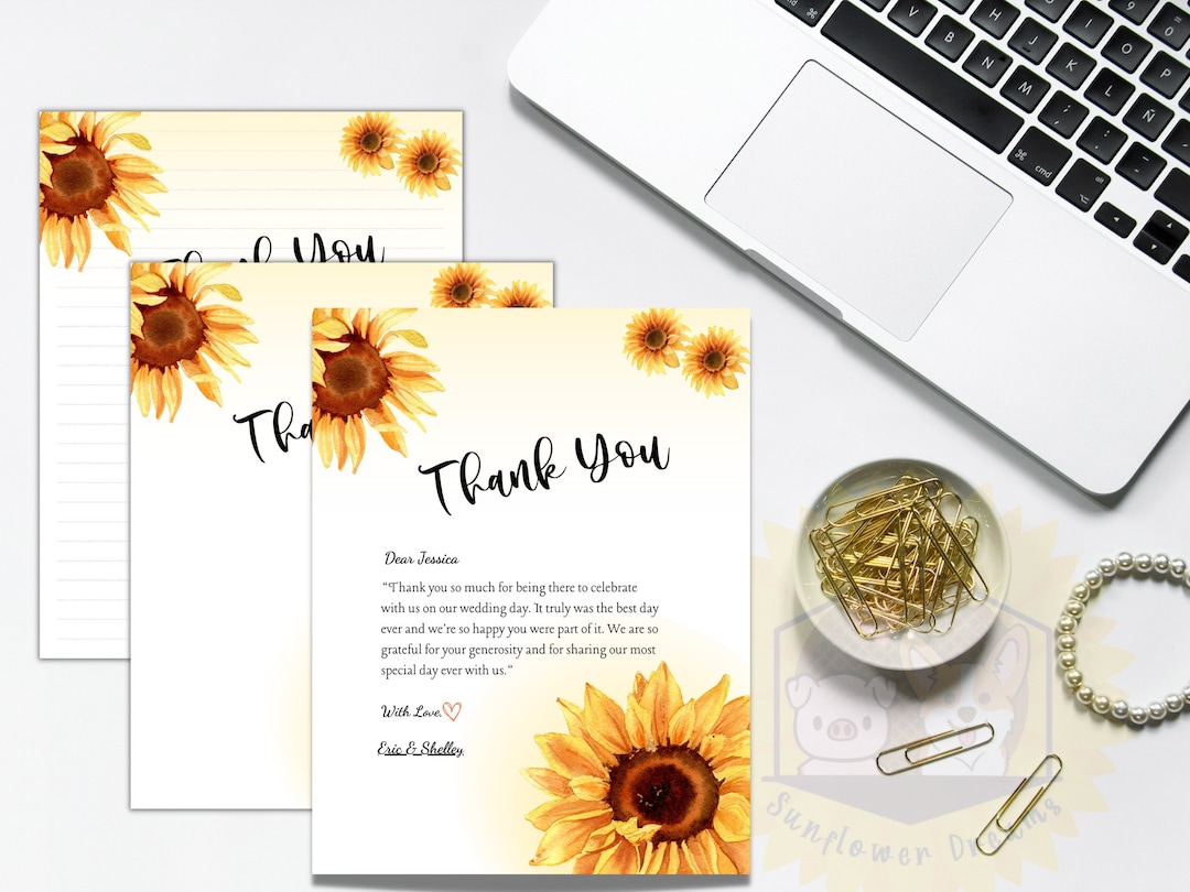 Sunflower Thank You, Printable Sunflower Thank You Note, Digital Thank You, Sunflower Lover Gift ...