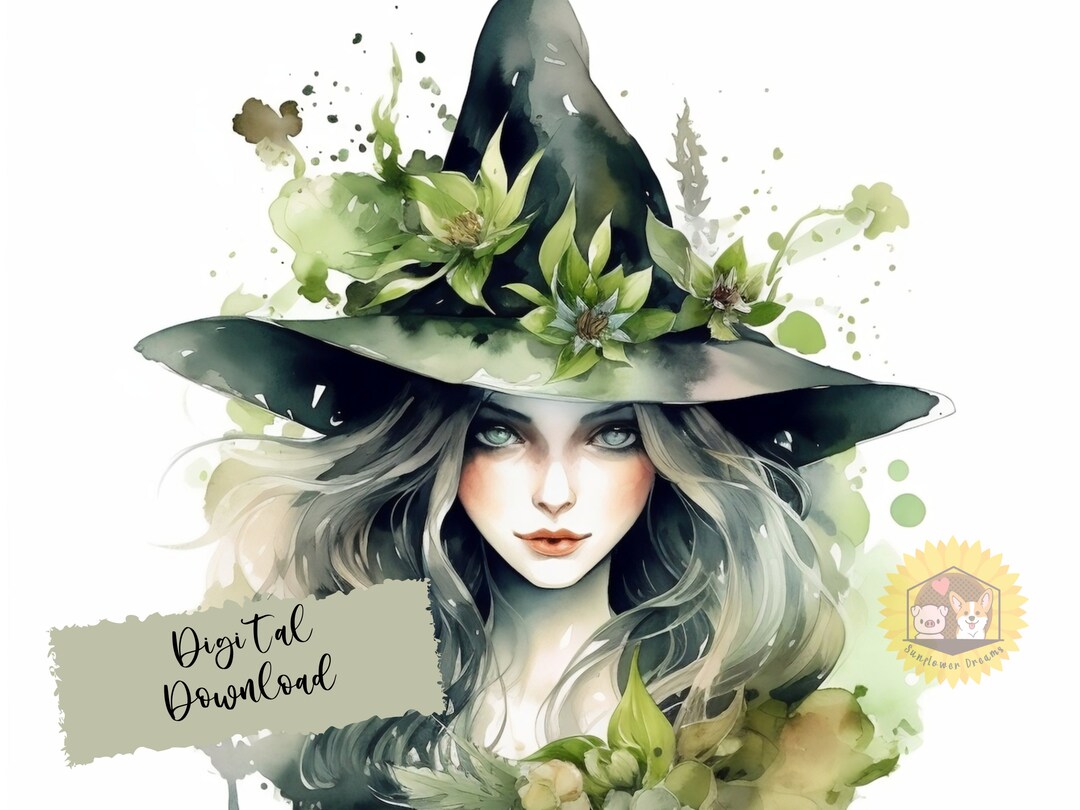 Pretty Witch Illustration, Witch Digital Art, Green Witch Illustration ...
