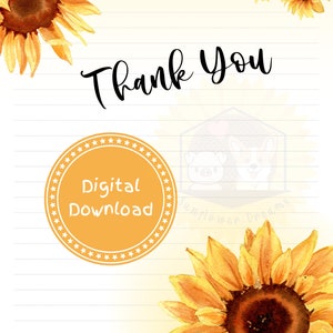 Sunflower Thank You, Printable Sunflower Thank You Note, Digital Thank ...
