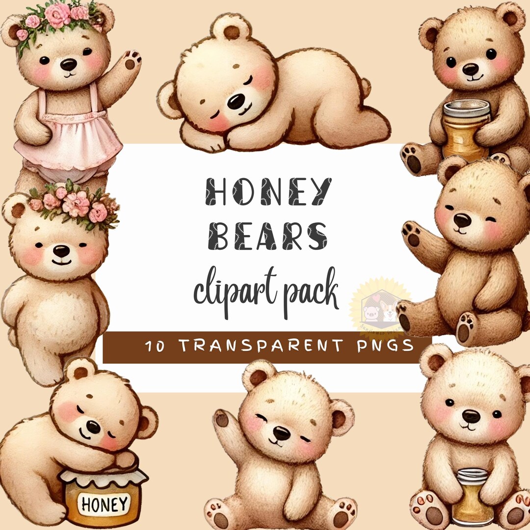 Honey Bears Clipart: Watercolor Animal Pngs for Nursery Art (digital ...