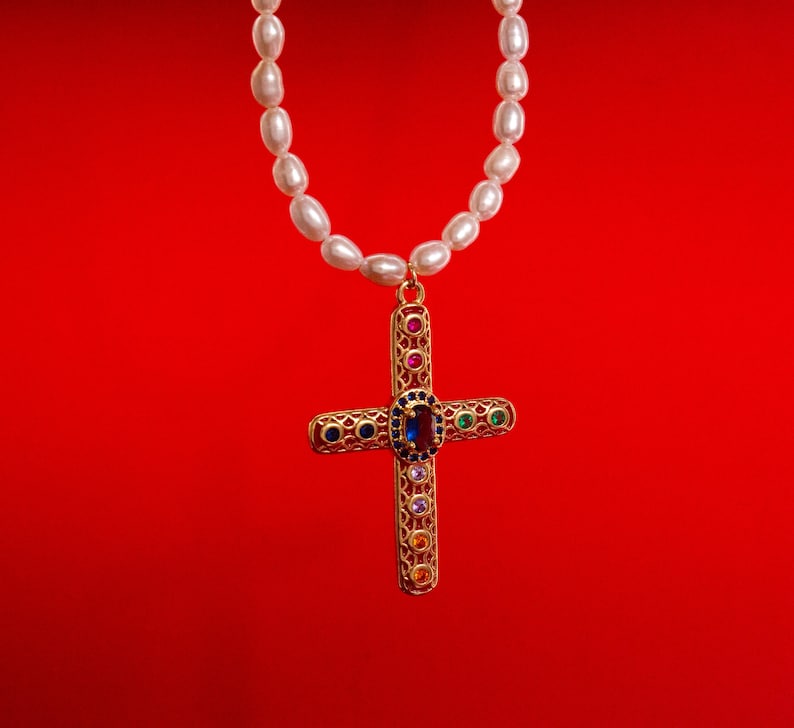 Statement Cross Necklace Religious Jewelry Gemstone Necklace Gemstone ...