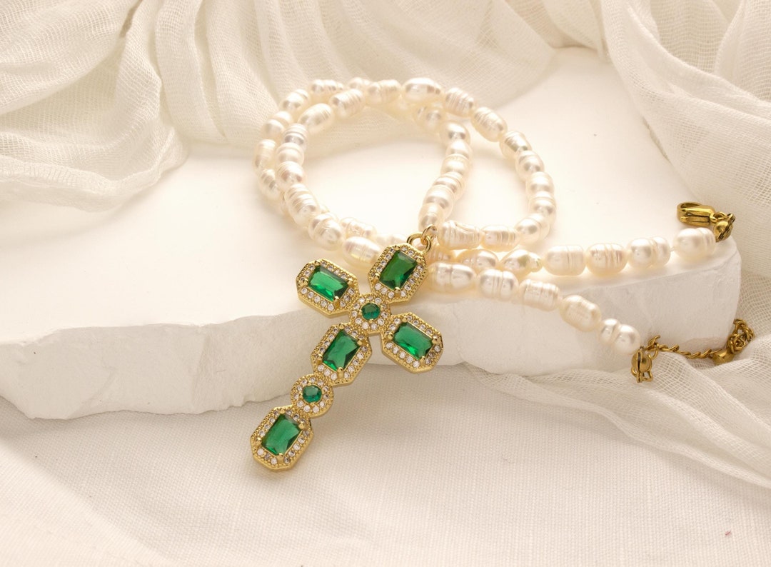 Gemstone Cross Pearl Necklace Baroque Cross Necklace Adjustable Emerald ...