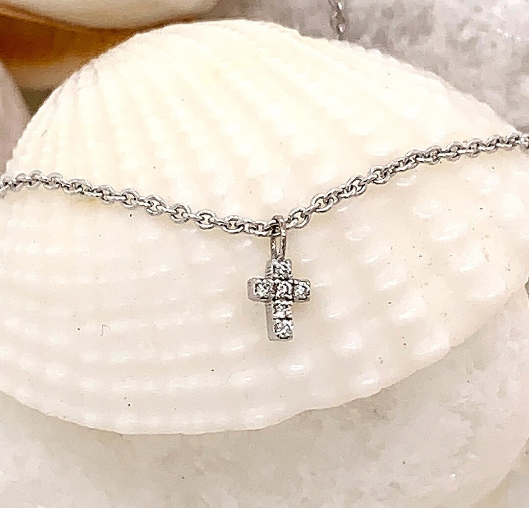 Mini Diamond Cross Pendant 14k White Gold Cross Charm Gift for Her ...