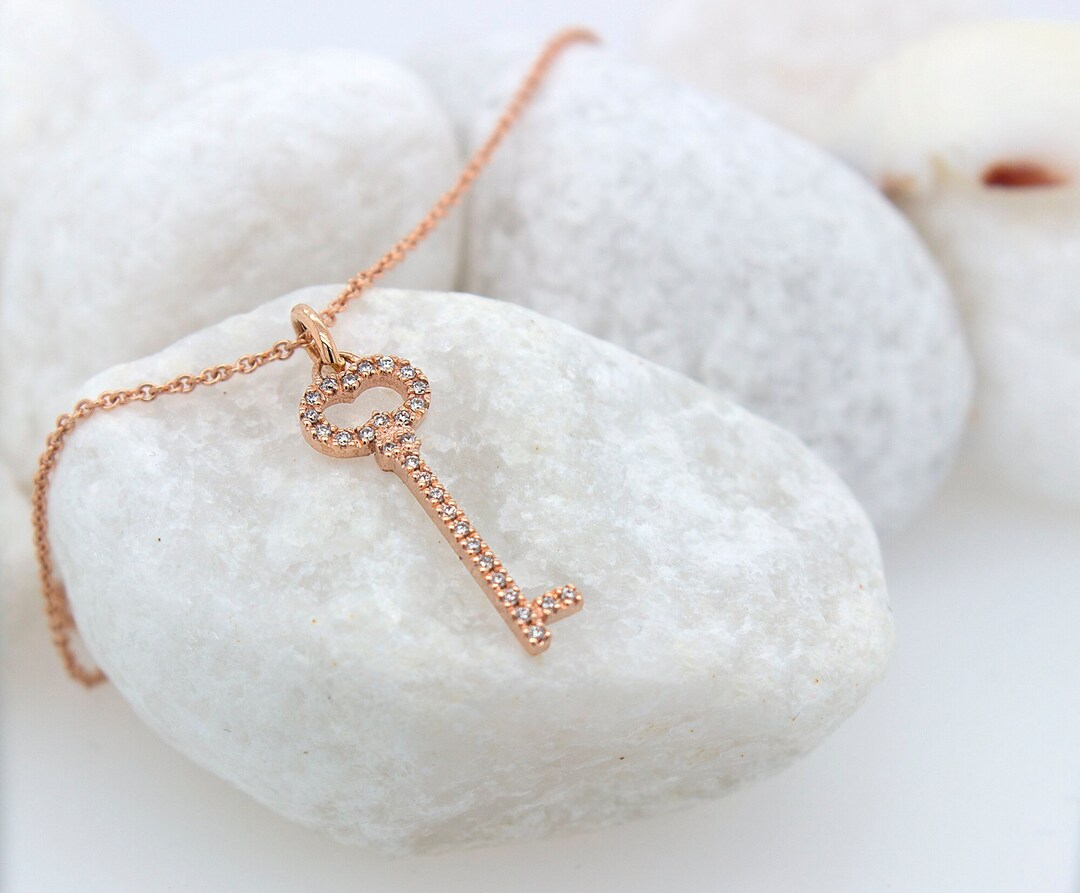 14k Rose Gold Key Pendant Diamond Key Necklace Anniversary Gift for Her ...