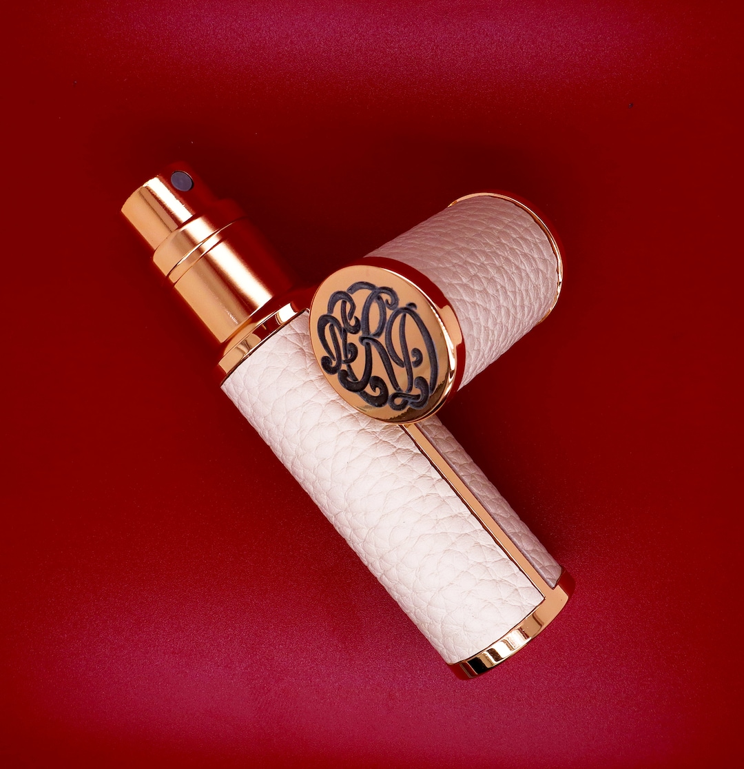 Custom Monogram Gift for Her White Leather Travel Size Perfume Bottle ...