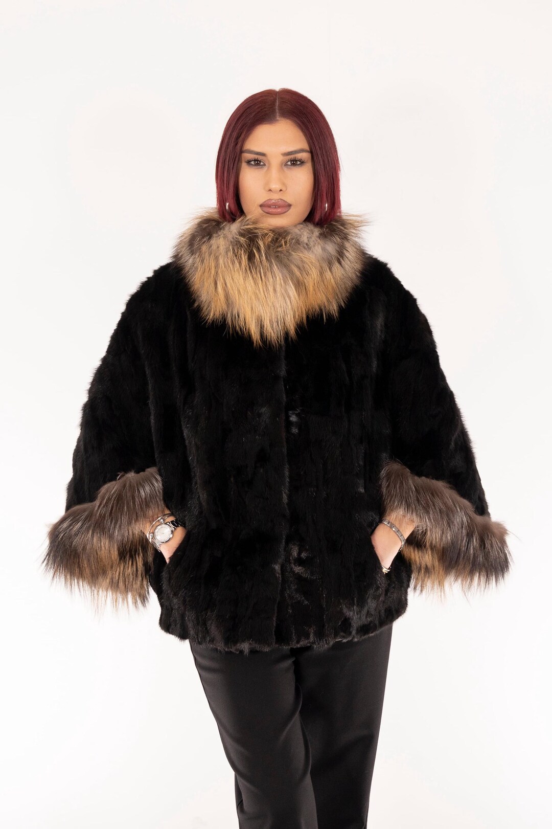 Black Real Mink Cape With Gold Cross Fox Details - Etsy