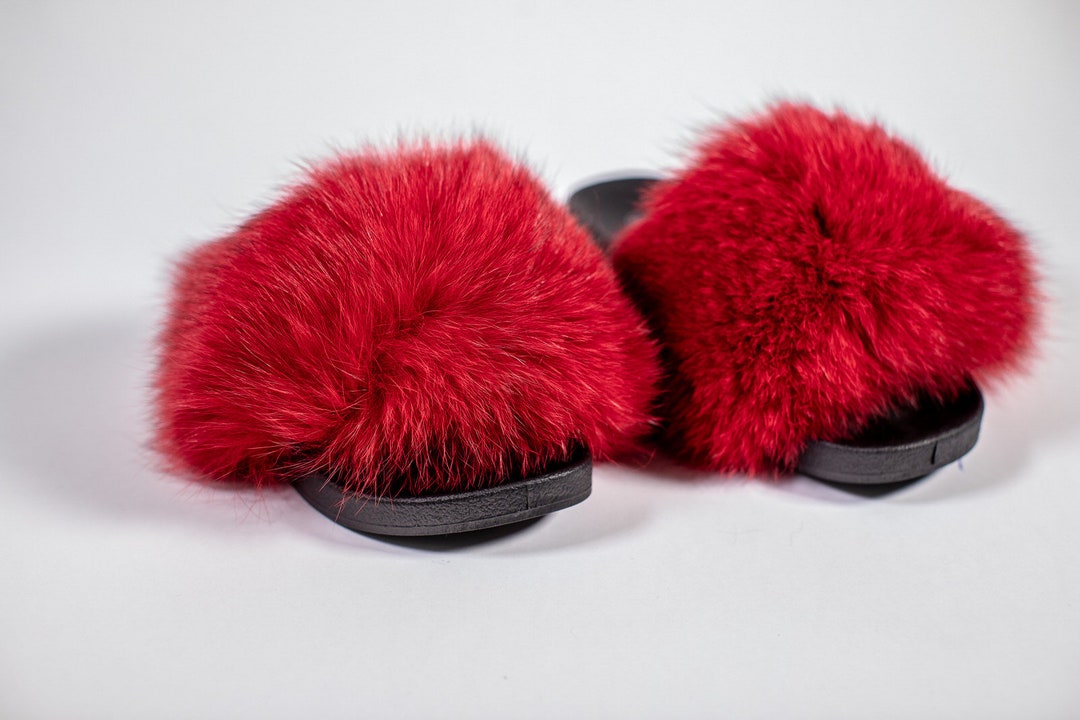 Red Real Fur Slides for Women - Etsy