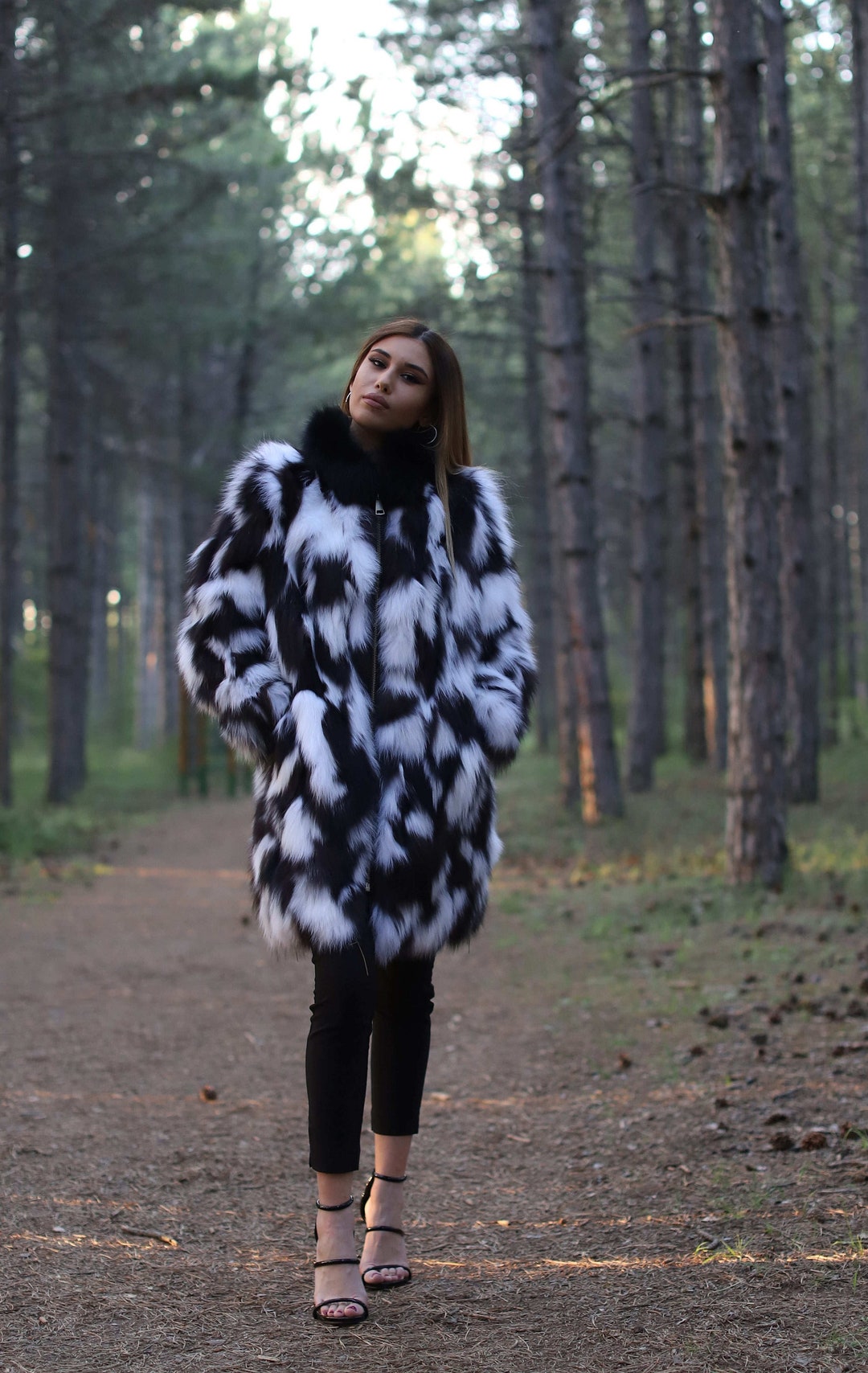 Indigo Fox Black and White Real Fur Coat With Small Collar - Etsy