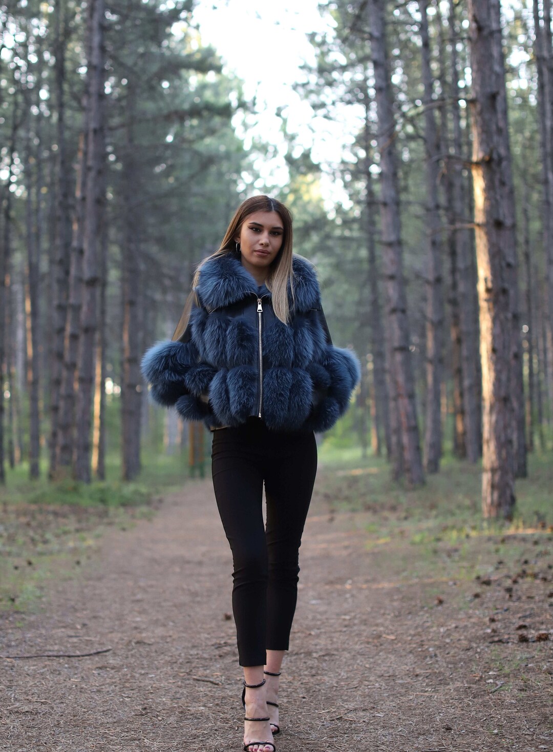 Navy Blue Fox Real Fur Short Jacket With Leather - Etsy