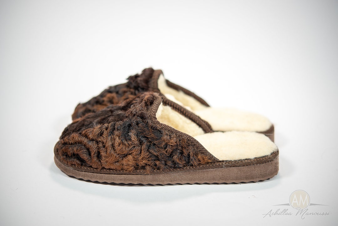 Double Brown Real Fur Slippers for Men - Etsy
